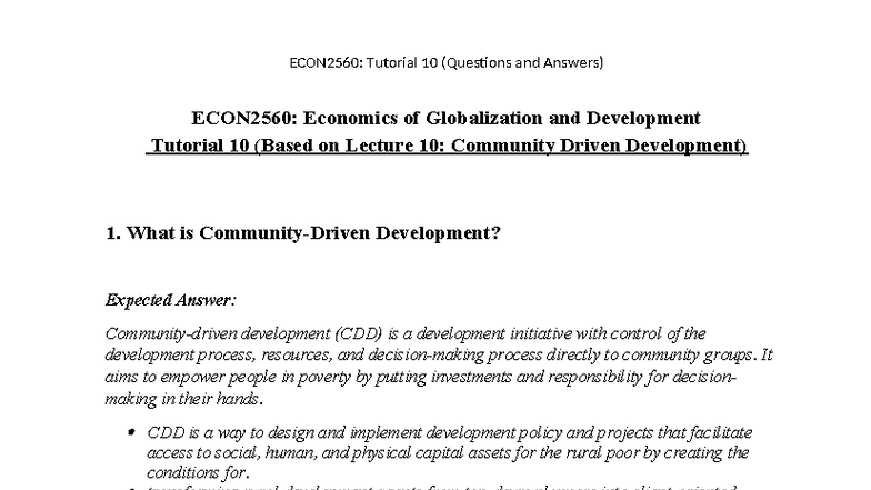 ECON2560: Tutorial 10 - Community Driven Development Insights - Studocu