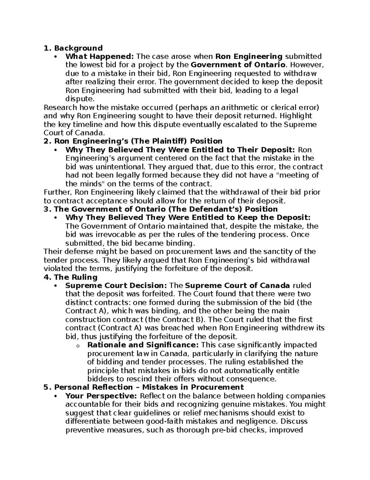 Ron Engineering Case Study: Bidding Mistakes & Legal Rulings - Studocu
