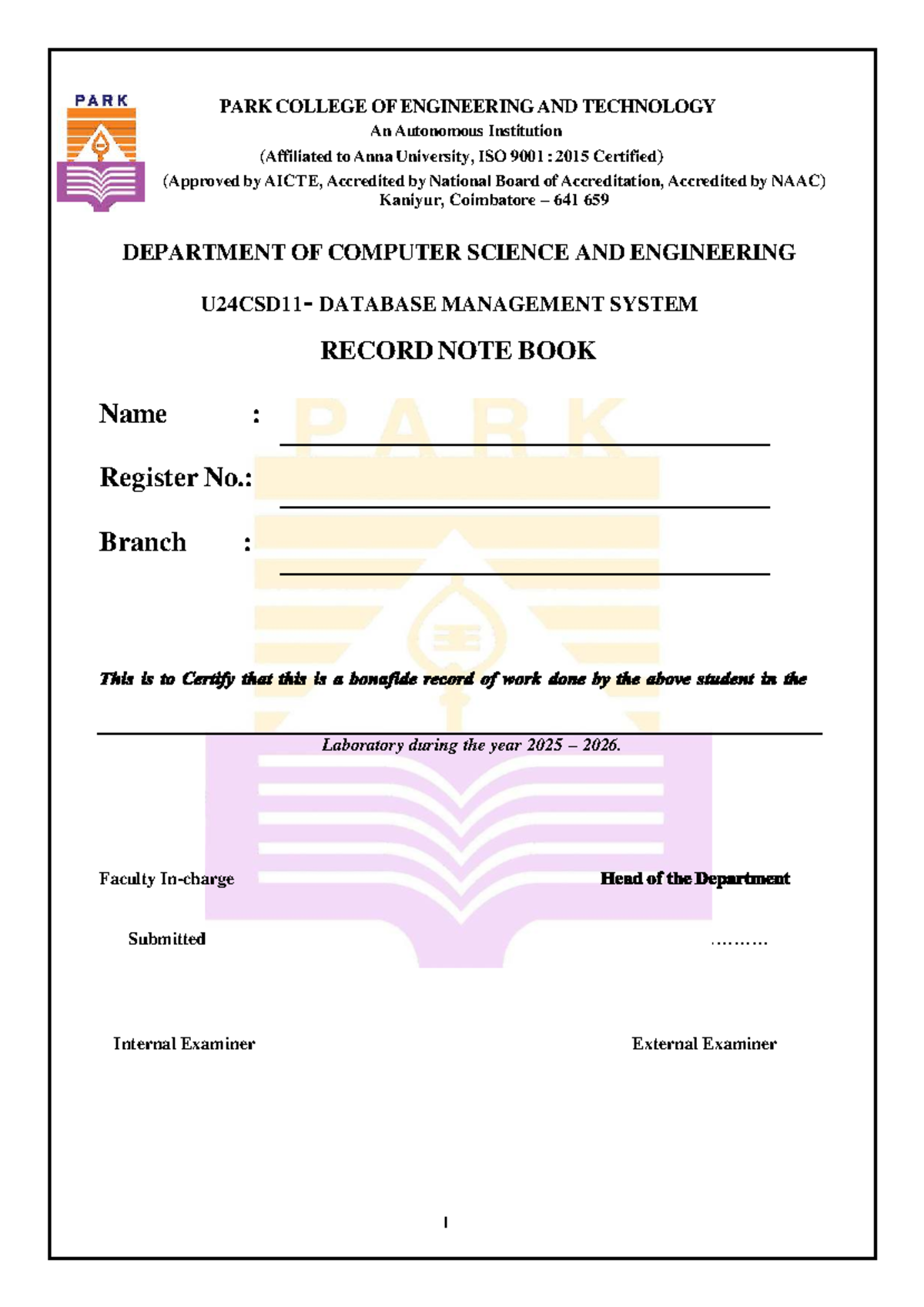 DBMS LAB Manual - CSE 2025-2026 Practical Record - Studocu