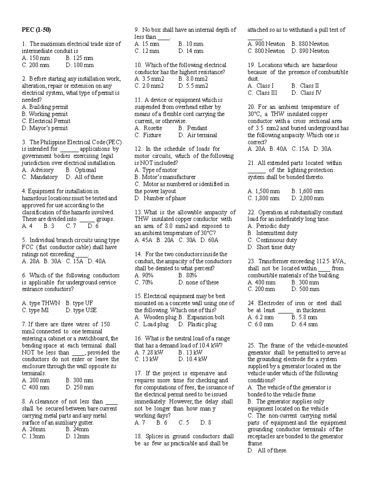 PEC Quiz Objectives: 100 Essential Questions for Electrical Code - Studocu