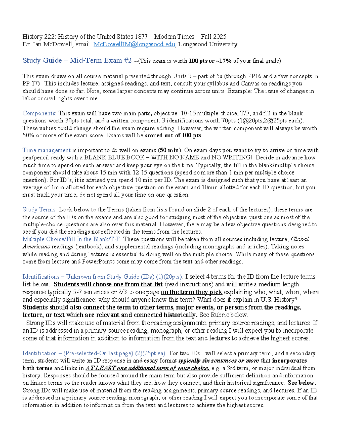 History 222: Mid-Term Exam #2 Study Guide - U.S. History 1877 to ...