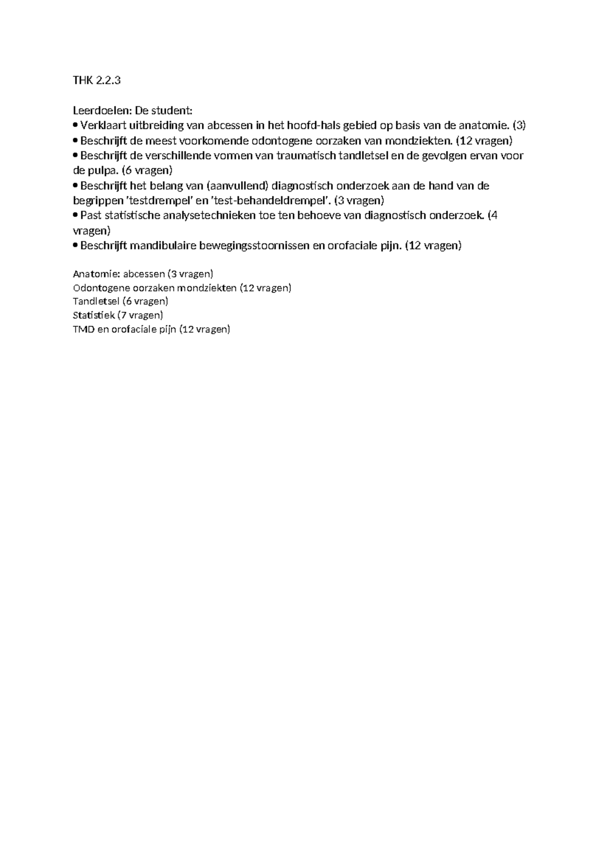 THK 2.2.3 Leerdoelen: Anatomie, Mondziekten en Tandletsel - Studeersnel