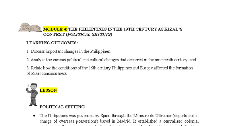 MODULE 4: POLITICAL SETTING OF 19TH CENTURY PHILIPPINES AND RIZAL - Studocu