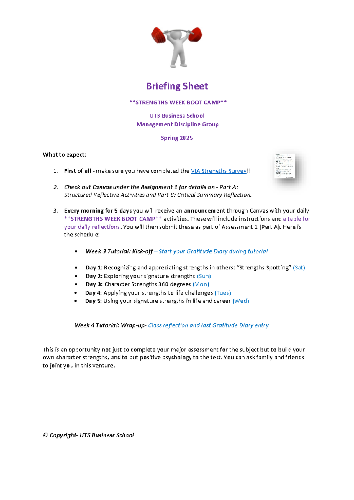 Briefing Sheet: Strengths Week Activities UTS BSM Spring 2025 - Studocu