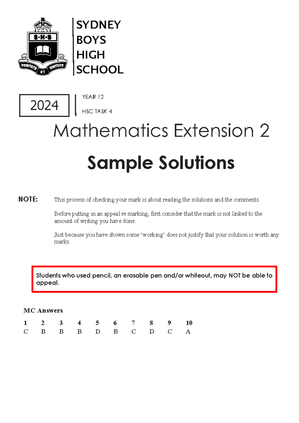 SBHS 4U 2024 HSC Task 4 Mathematics Extension 2 Solutions - Studocu