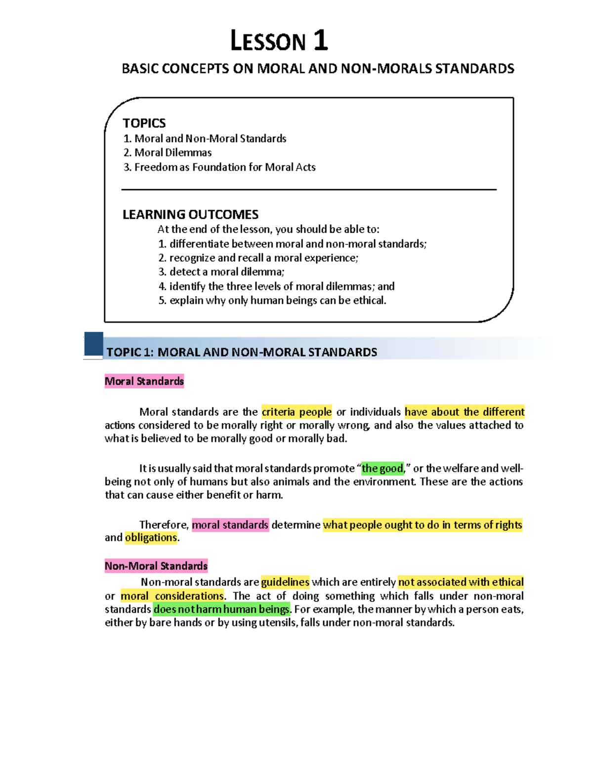 ETHICS 101: LESSON 1 - BASIC CONCEPTS OF MORALITY AND STANDARDS - Studocu