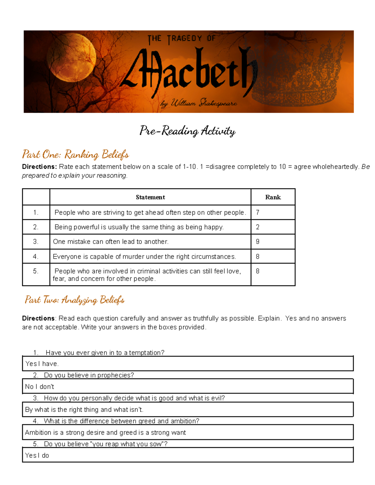 Macbeth Pre-Reading Activity - Pre-Reading Activity Part One: Ranking ...