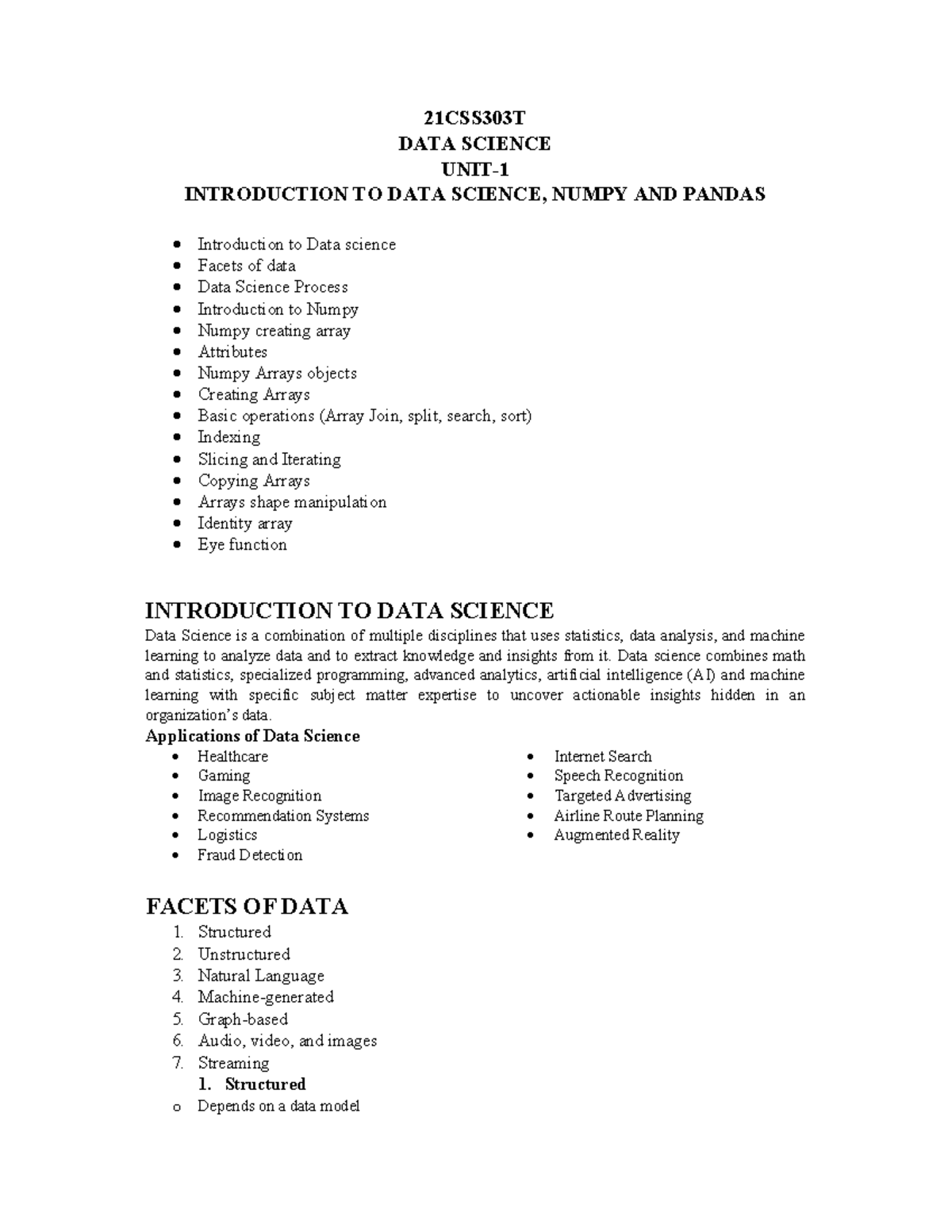 21CSS303T Data Science Intro: Numpy & Pandas Overview and Basics - Studocu