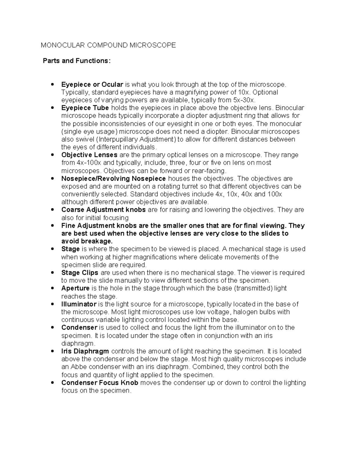Monocular Compound Microscope: Parts and Functions Overview - Studocu