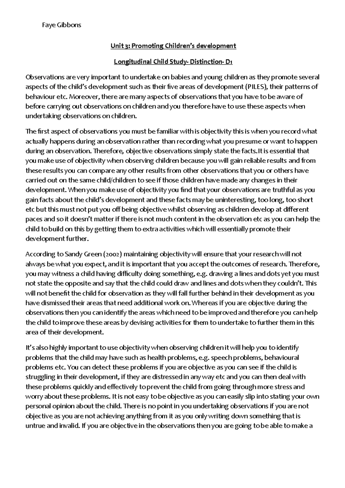 Longitudinal study d2 - essay - Unit 3 Promoting Children’s development ...