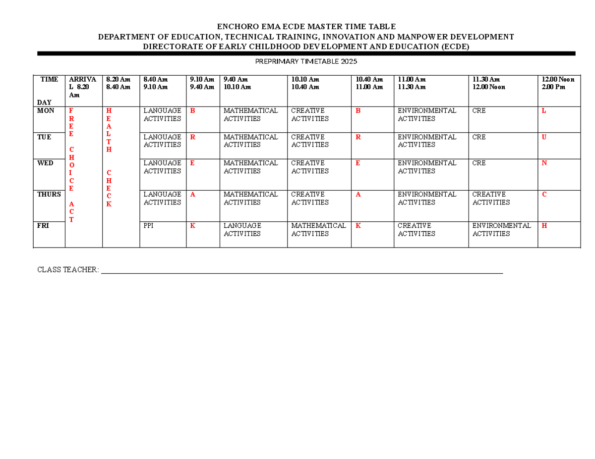 ECDE 2025 Preprimary Timetable - Department of Education - Studocu