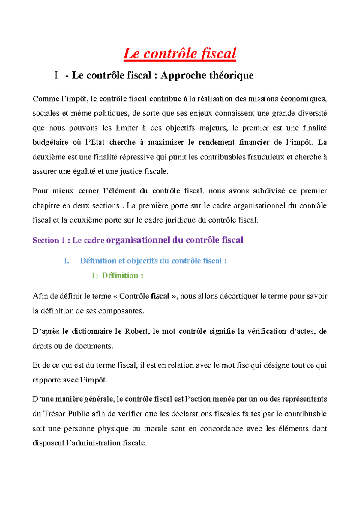 Le contrôle fiscal : Définitions, objectifs et cadre conceptuel - Studocu