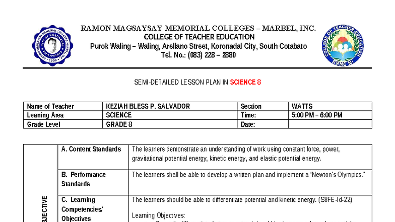 SCI 8 Lesson Plan: Understanding Kinetic & Potential Energy - Studocu