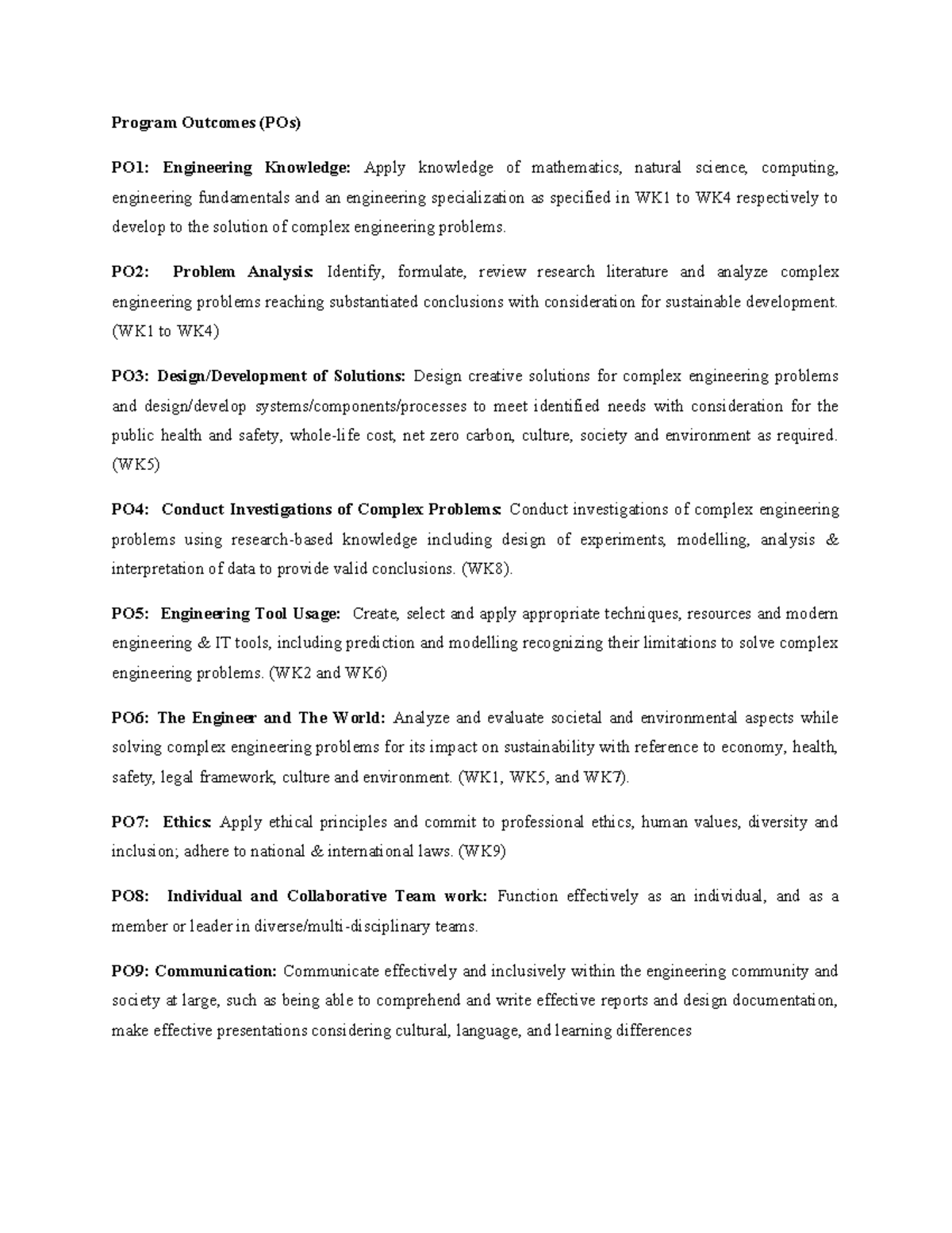 Program Outcomes (POs) Summary - WK1 to WK9 - Studocu