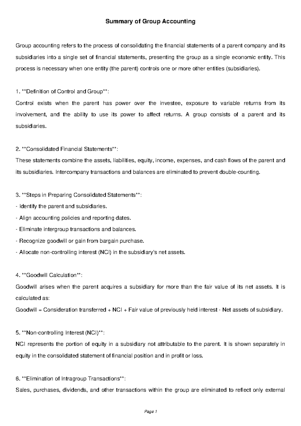 Group Accounting Summary: Consolidation of Financial Statements - Studocu