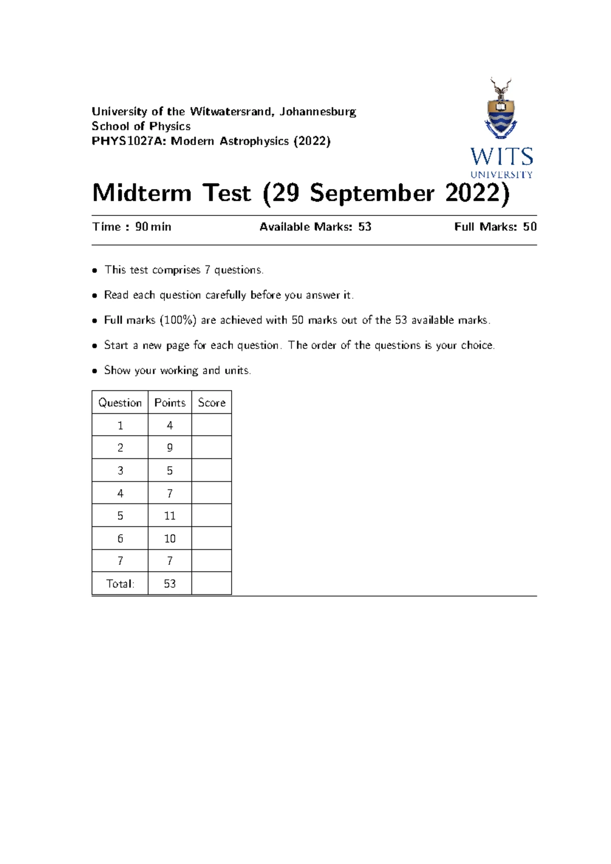 PHYS1027 Main Exam Memo: Modern Astrophysics (2022) - Studocu