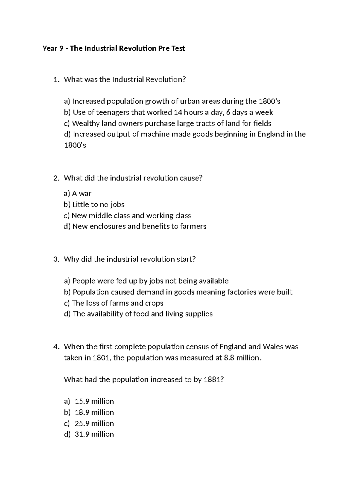 IR9 - Industrial Revolution Pre Test Practice Questions - Studocu