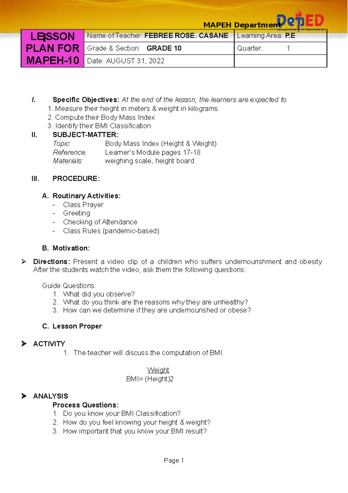 BMI Lesson Plan for MAPEH (Grade 10, Quarter 1) - Aug 31, 2022 - Studocu