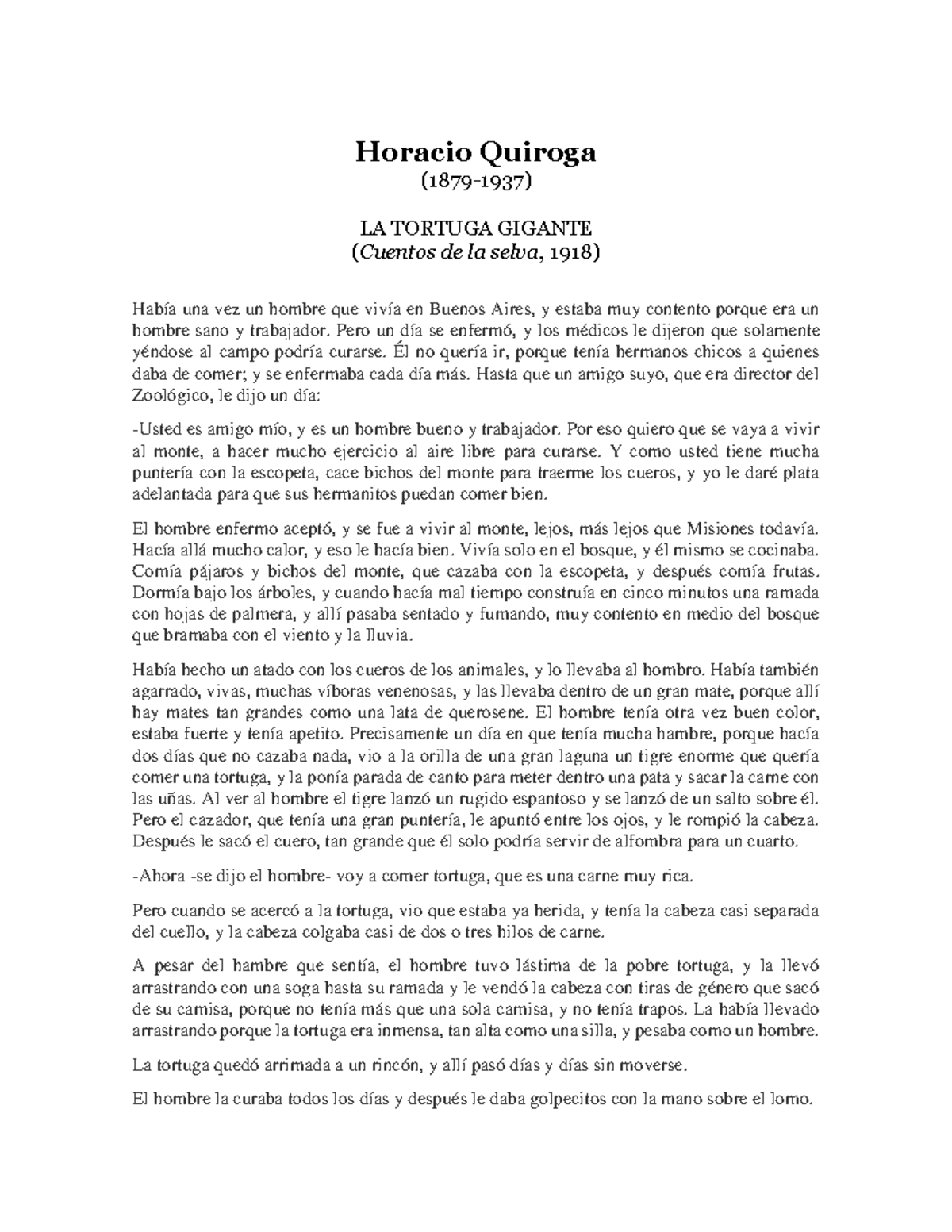 Ficha de lectura: La Tortuga Gigante de Horacio Quiroga (Cuento) - Studocu