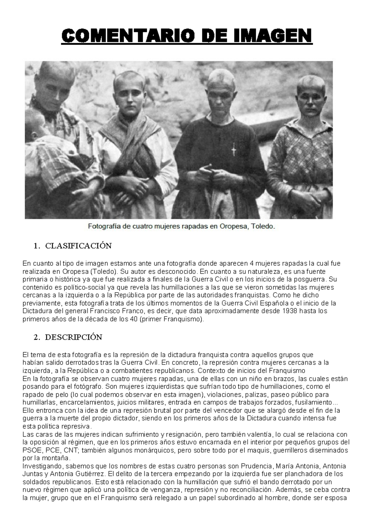 Comentario Análisis de Fotografía: Mujeres Rapadas en Franquismo - Studocu