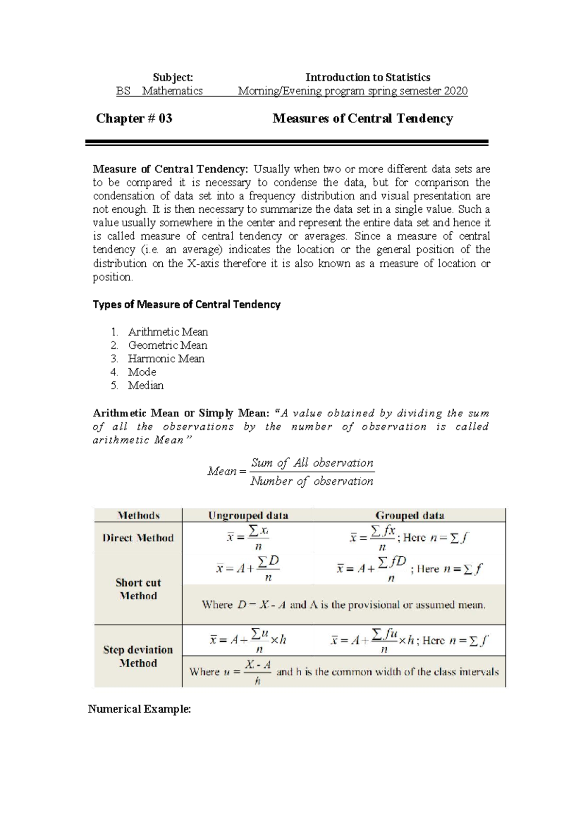 Chapter 03: Measures of Central Tendency in Statistics (BS Math) - Studocu