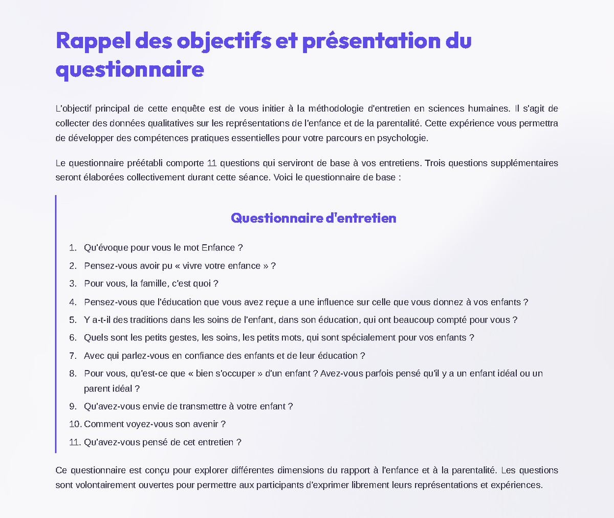 Questionnaire - Entretien sur la Parentalité (Matière: Enfance Hier et ...