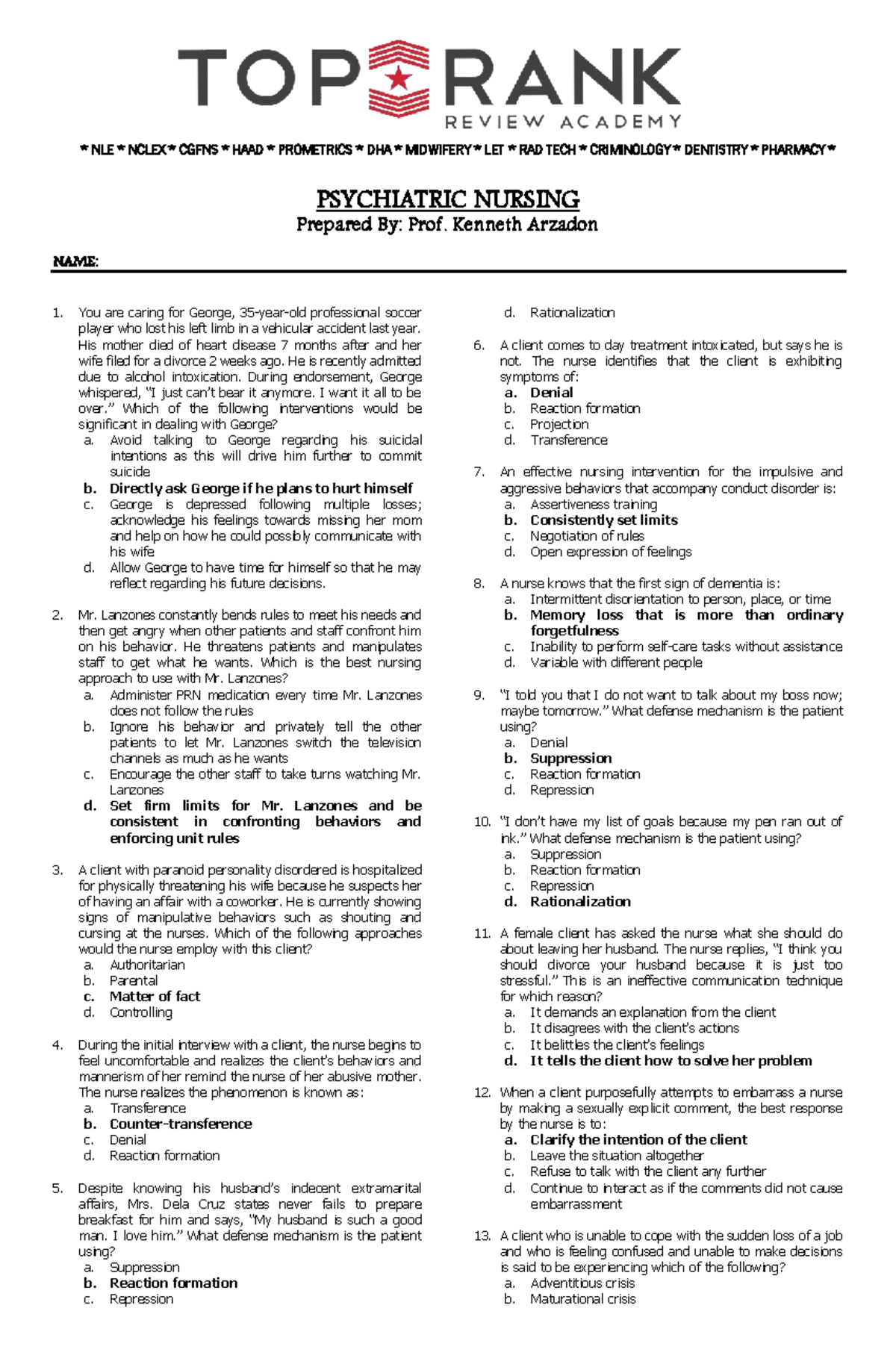 Psychiatric Nursing Key Drills & Exercises - Preparation Guide - Studocu