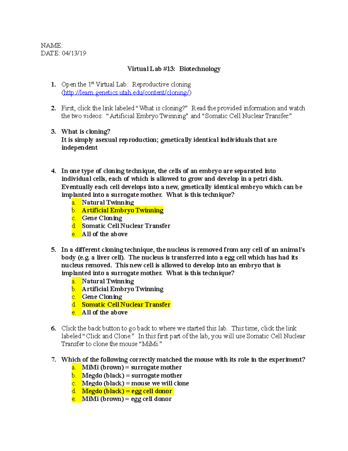 Biotechnology Lab Worksheet - NAME: DATE: 04/13/ Virtual Lab #13 ...
