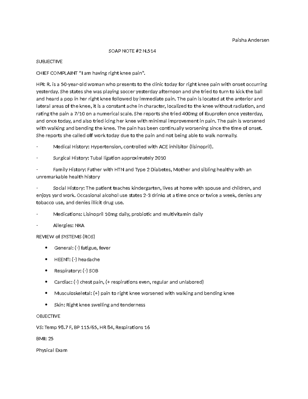 SOAP Note #2 N: Patient Assessment for Right Knee Pain Evaluation - Studocu