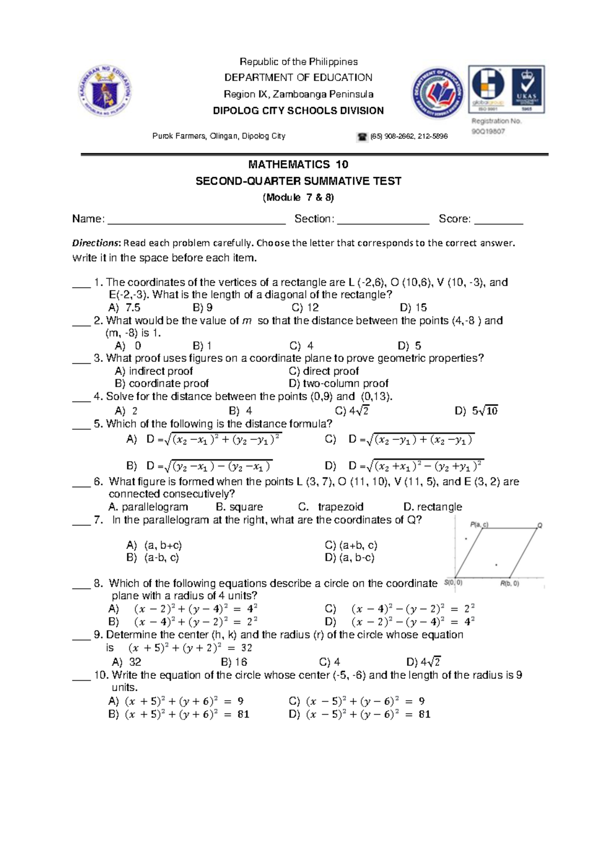 Quarter 2 MATH 10 Summative Test & Performance Task 4 Guide - Studocu