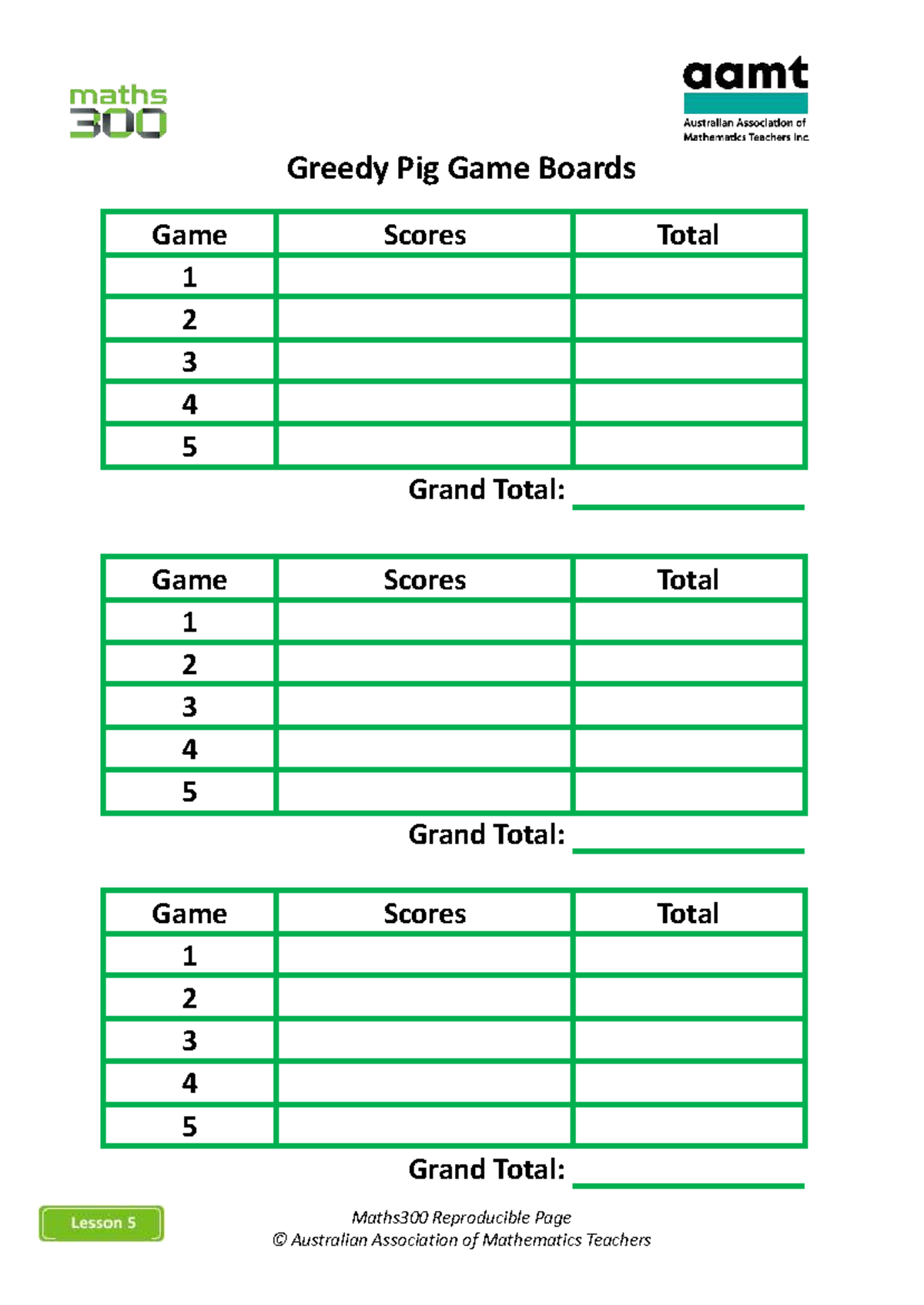 Greedy Pig game board - Math 1019 - Greedy Pig Game Boards Game Scores ...