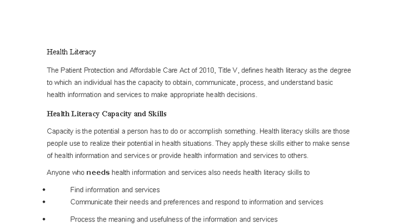Health Literacy Defined: Understanding Patient Care Skills - Studocu
