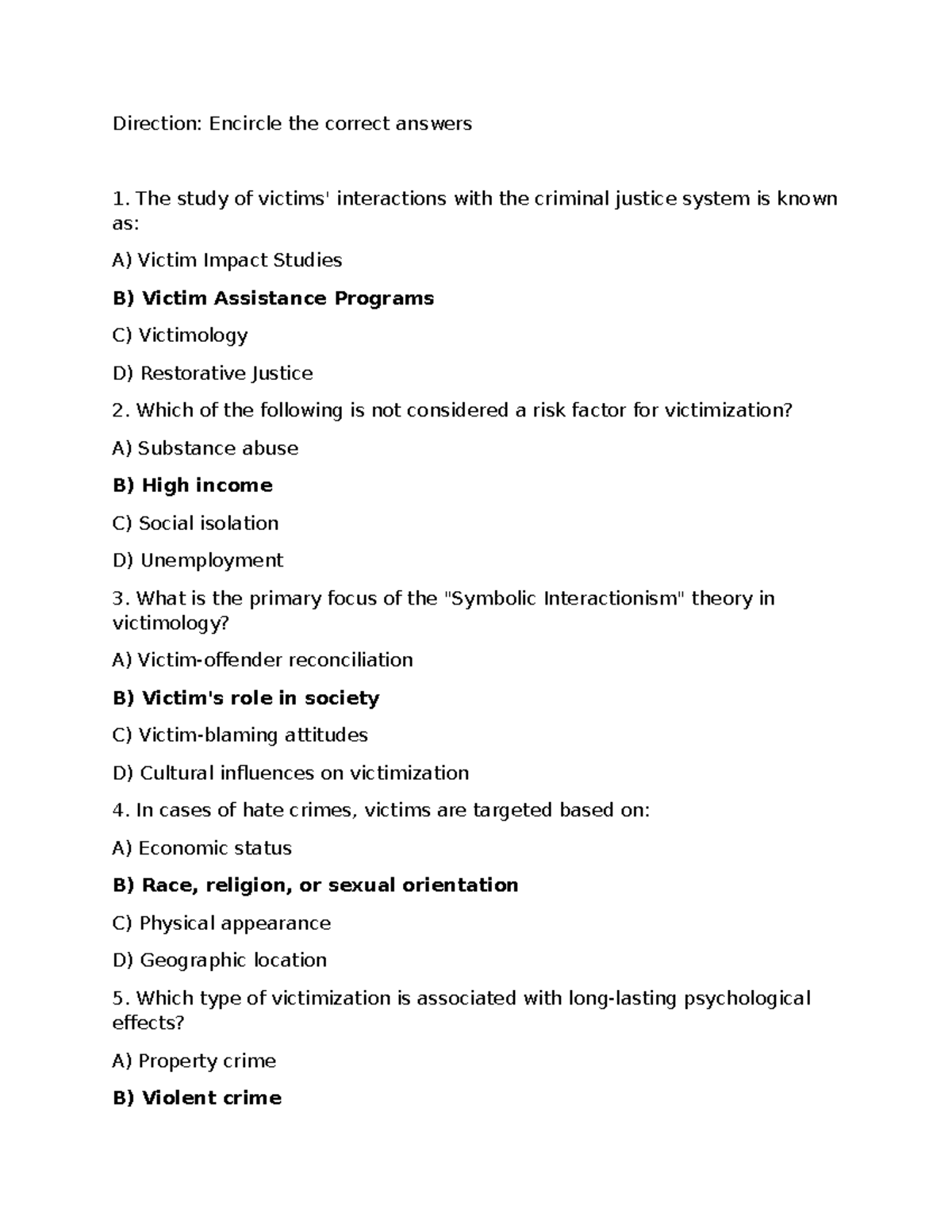 Victimology quiz 2 - Quuiz victim - Direction: Encircle the correct ...