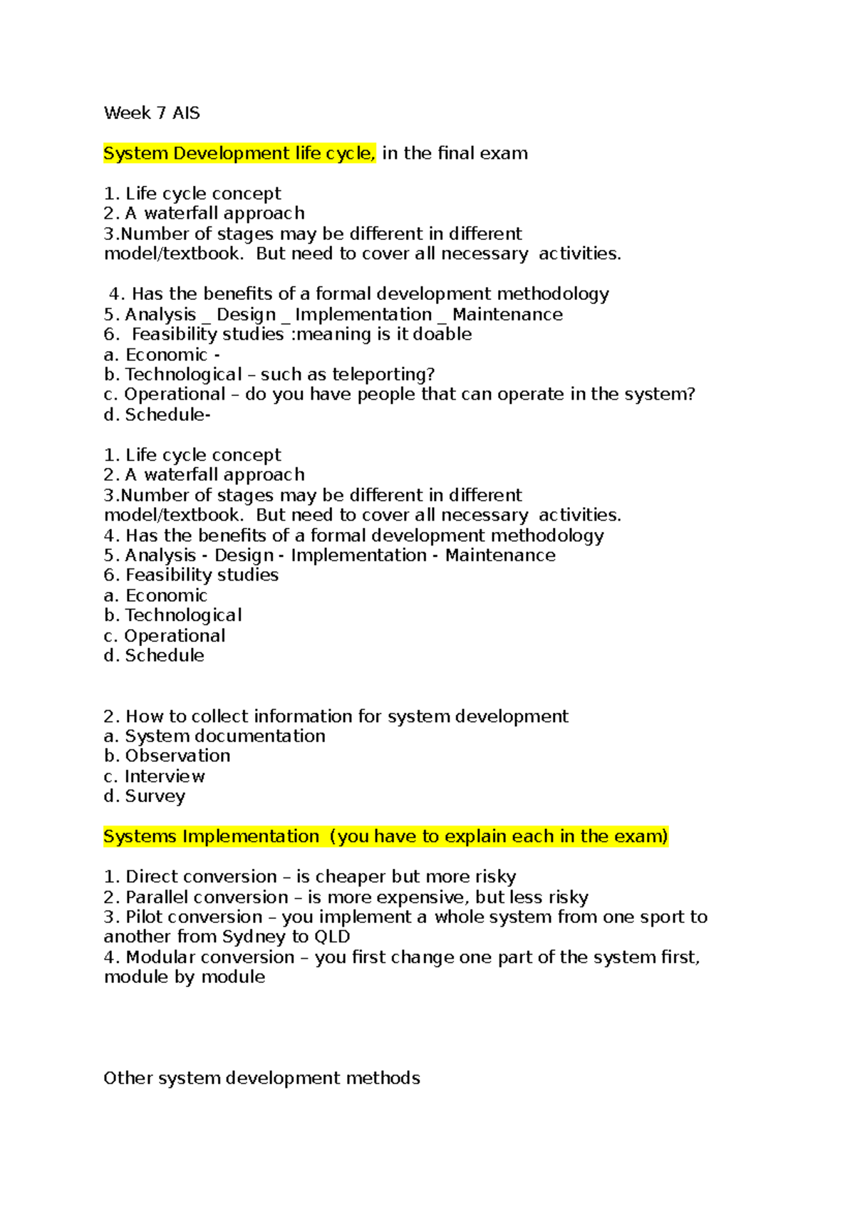 AIS Week 7 Final Exam Notes: System Development Life Cycle - Studocu