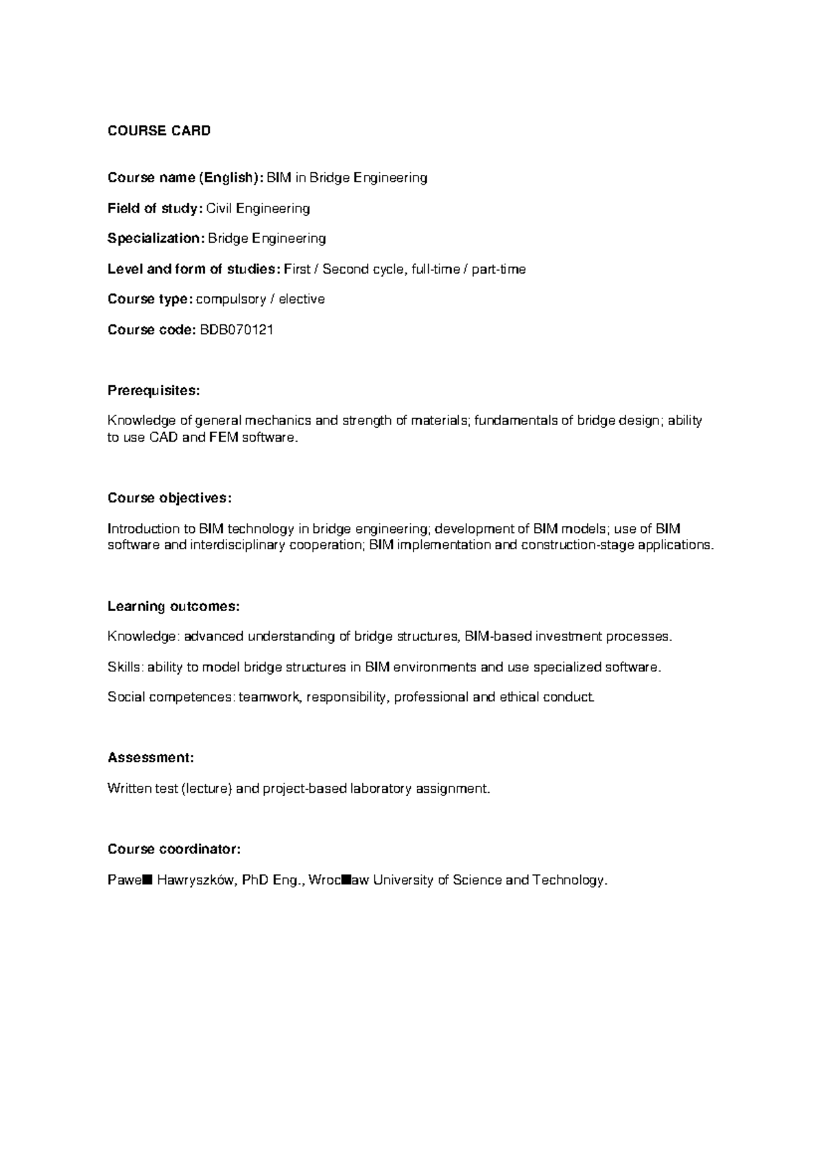 BDB070121: BIM in Bridge Engineering Course Card EN - Studocu