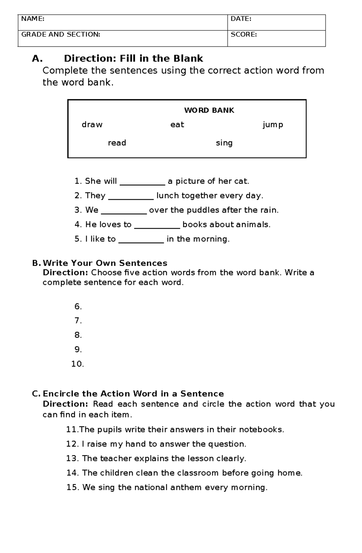 Activity Worksheet for Action Words Demonstration - Studocu
