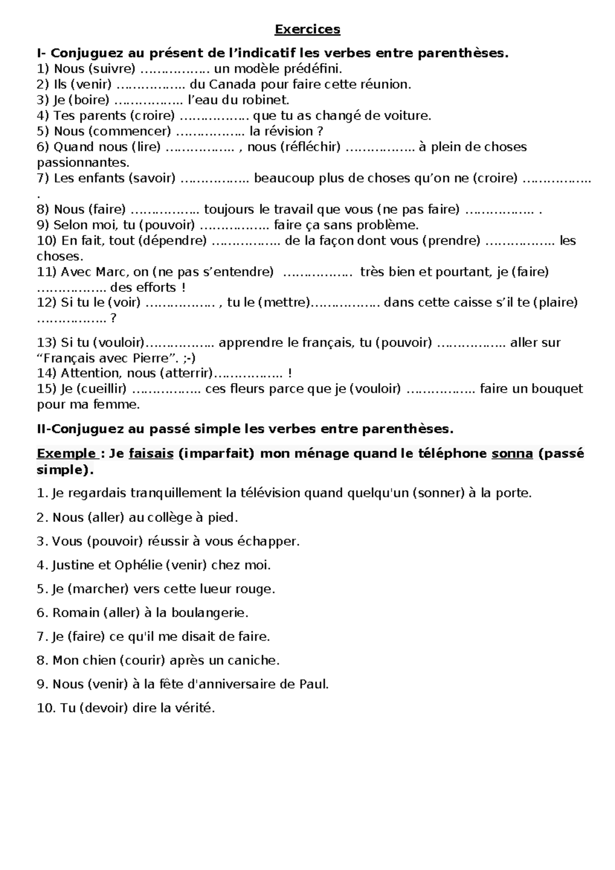 Exercices de Conjugaison: Présent et Passé Simple - Studocu