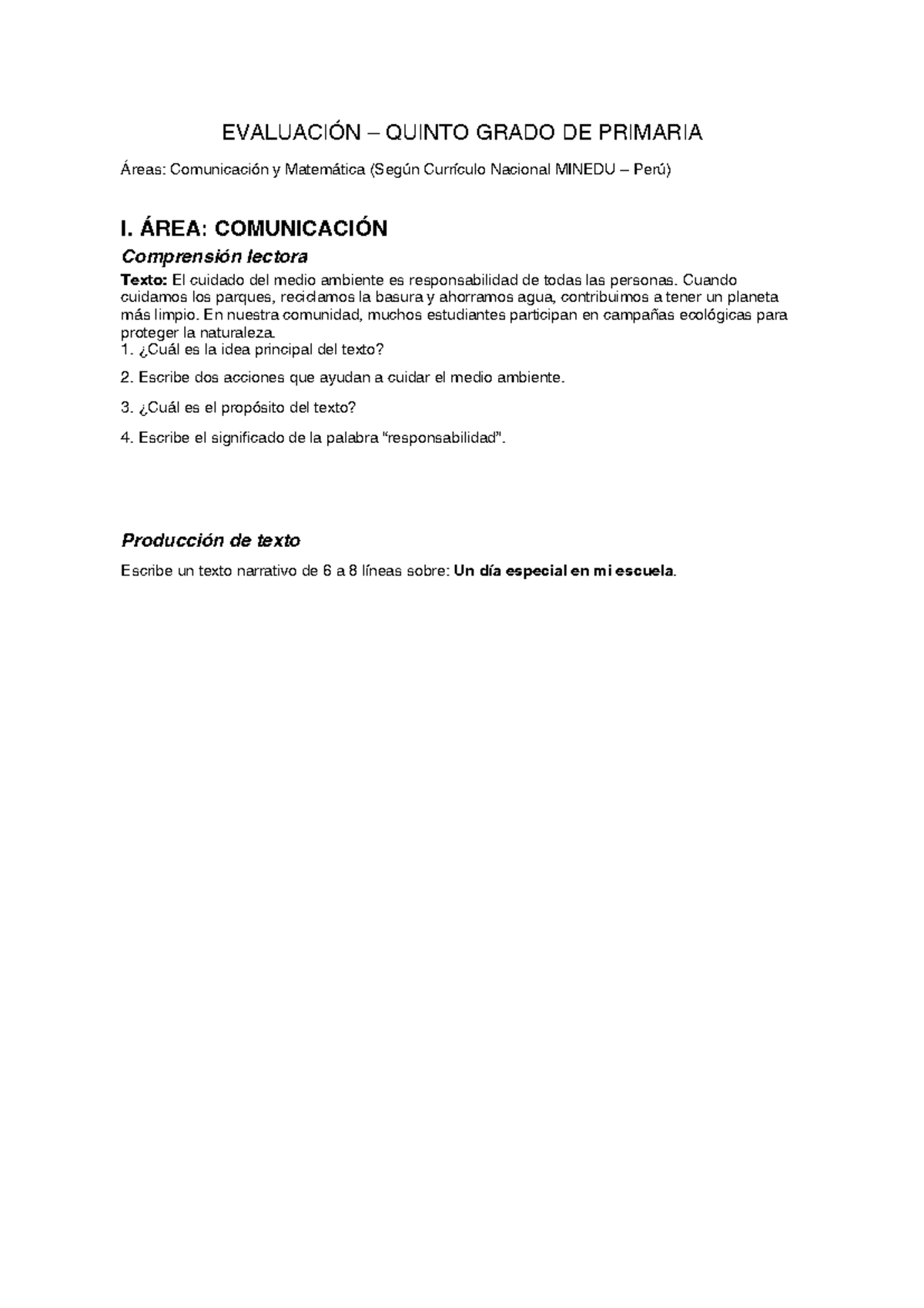 Evaluación 5to Grado Primaria: Comunicación y Matemática MINEDU - Studocu