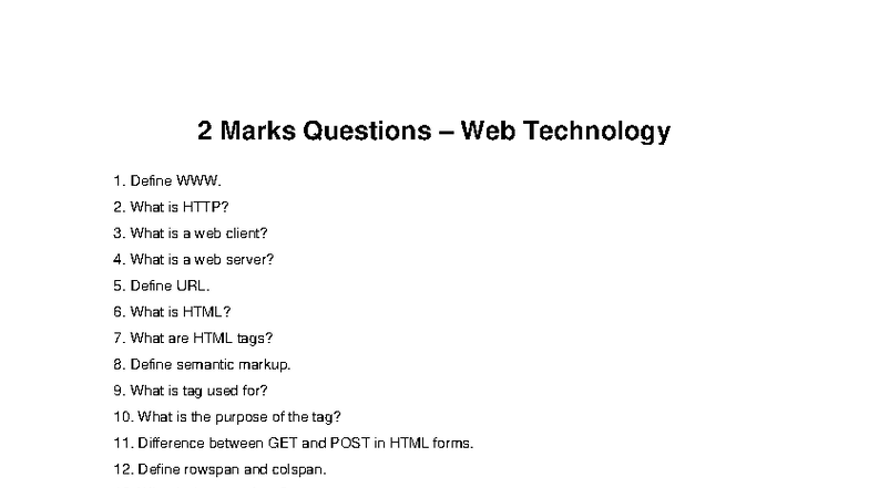 Web Technology 2 Marks Questions: Key Concepts and Definitions - Studocu