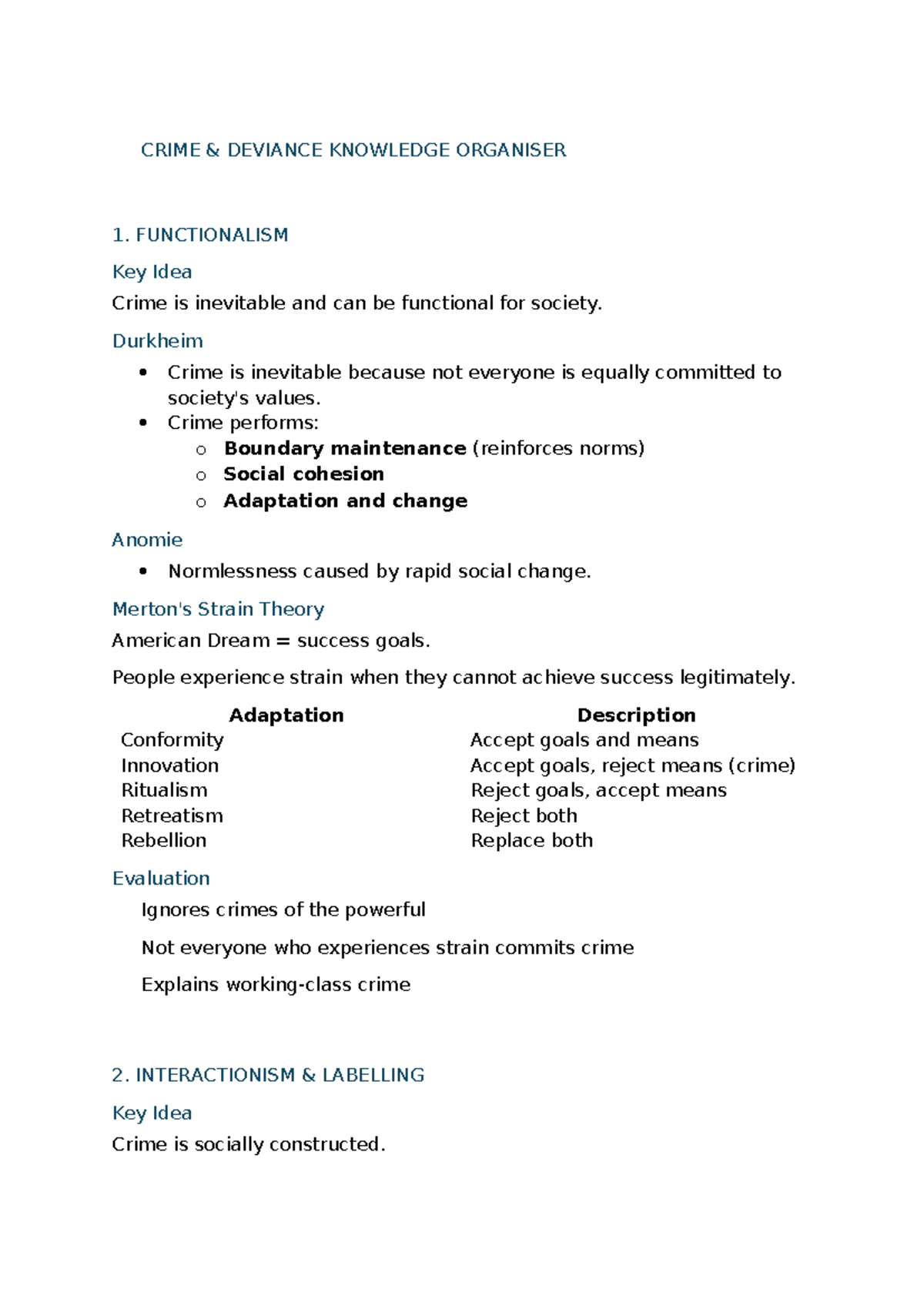 CRIME DEVIANCE KNOWLEDGE ORGANISER: THEORIES & EVALUATIONS - Studocu
