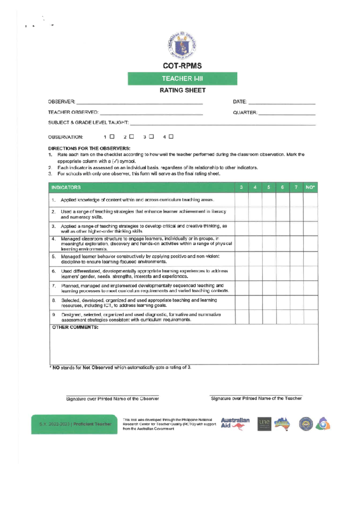 COT-2023 - COT form - Peace and Global Education - Studocu