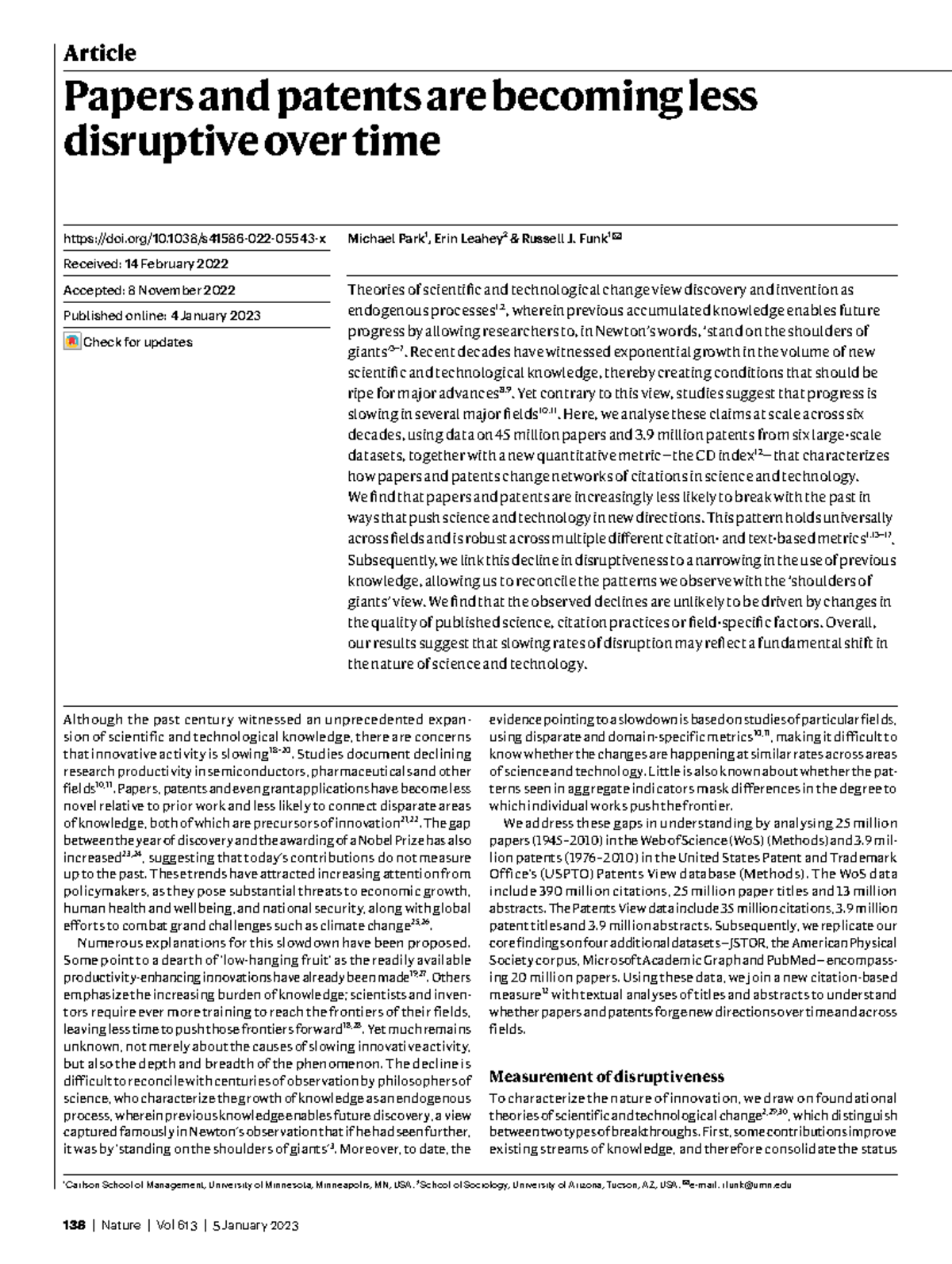 Declining Disruptiveness in Science and Technology: An Analysis of ...
