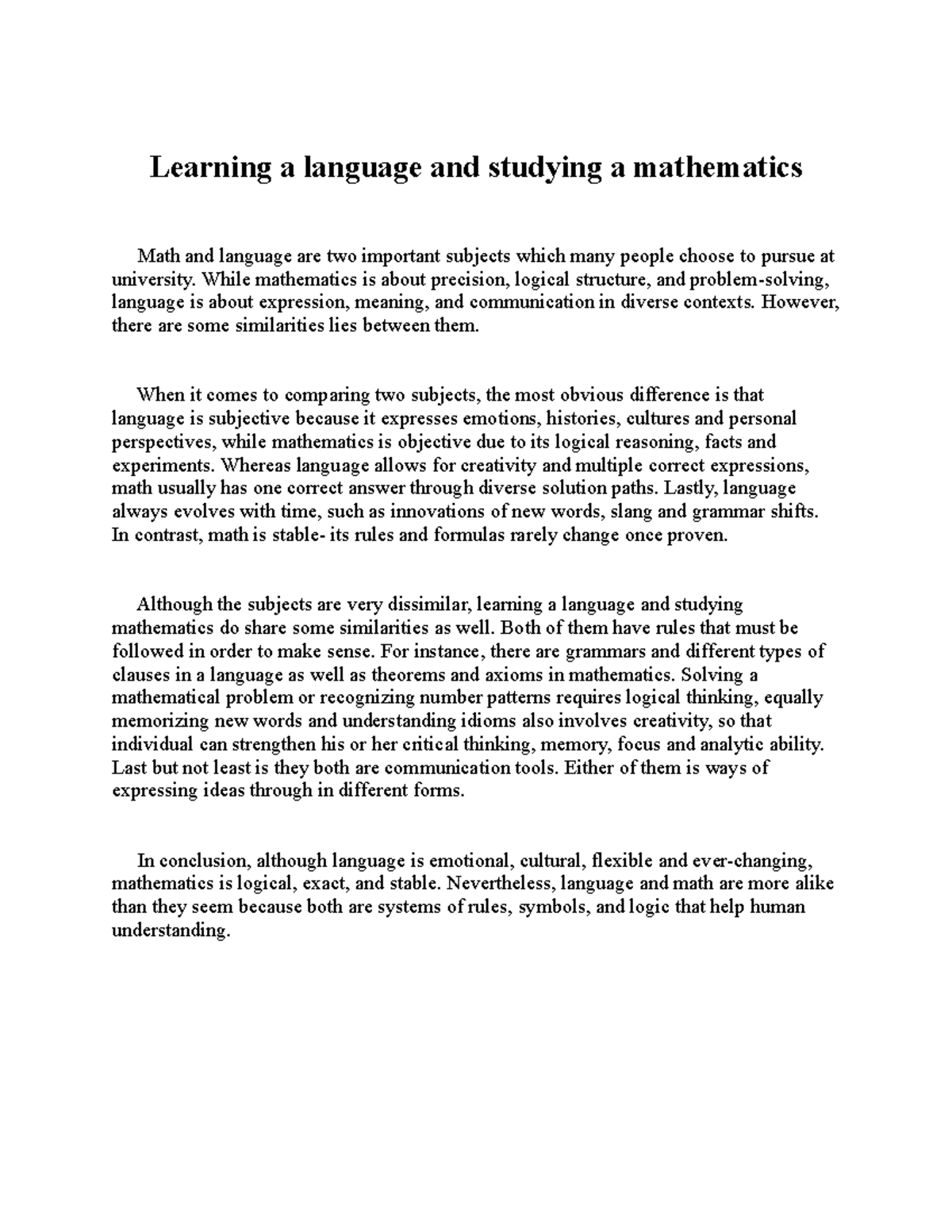 ENG 101 - Compare and Contrast: Language vs. Mathematics Essay - Studocu
