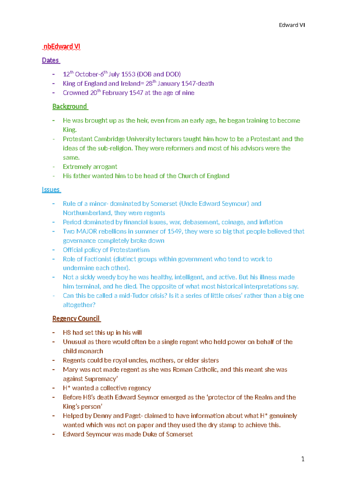 Edward VI's Reign: A-Level Tudor Revision Notes - Studocu