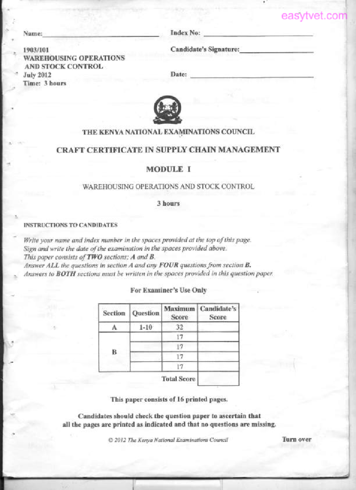KNEC SCM 2012: Warehousing Operations & Stock Control Notes - Studocu