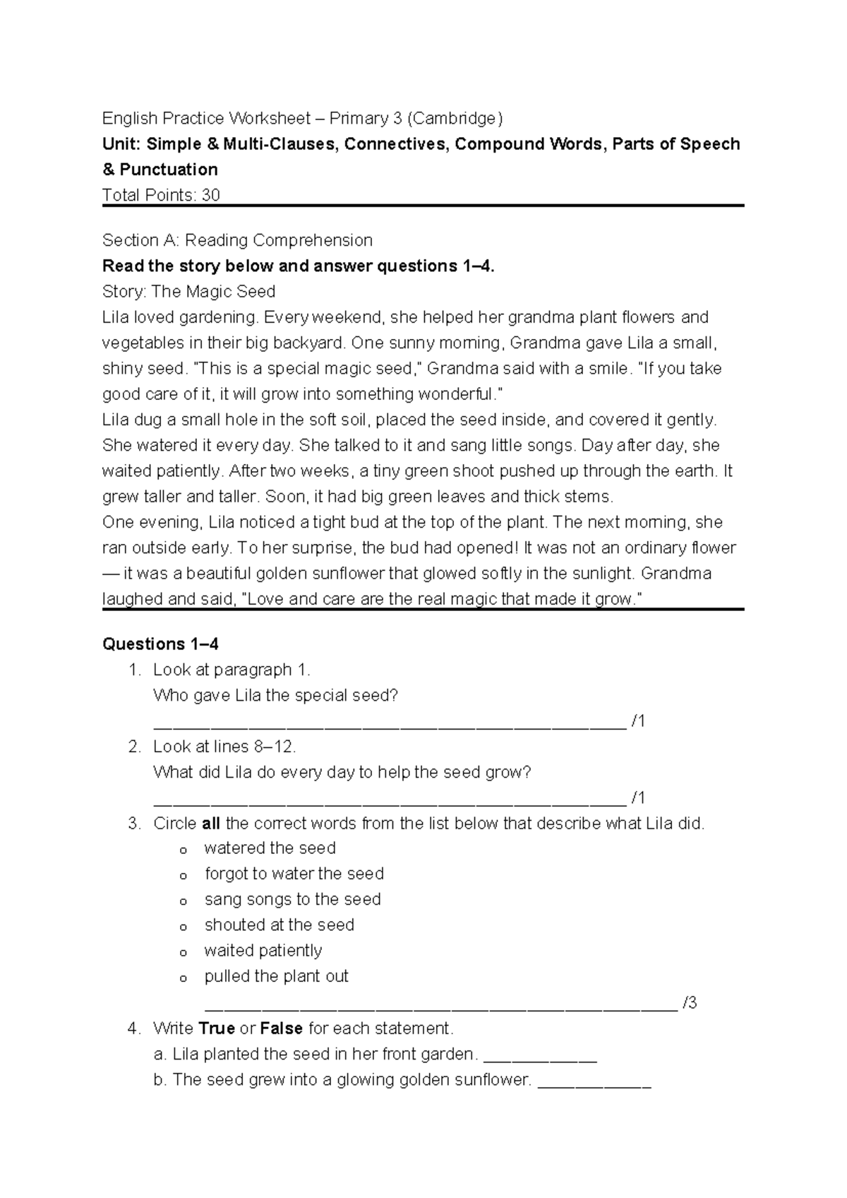 English Test 1 - Primary 3 (Cambridge) Exercise Practice - Studocu