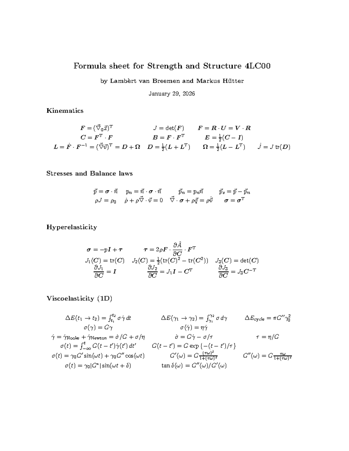 Formula Sheet for Strength and Structure 4LC00 - Studeersnel