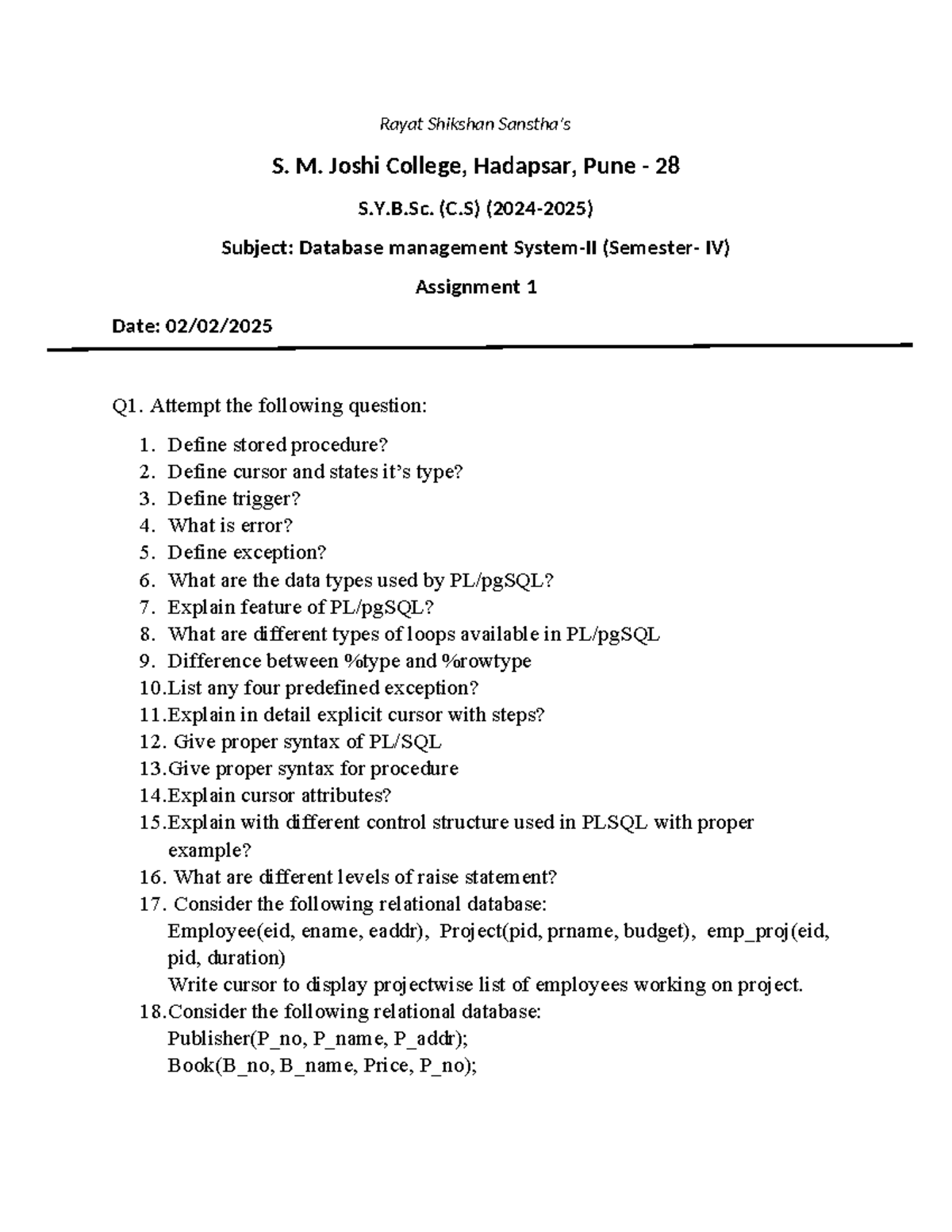 S.Y.B.Sc. (C.S) PLSQL Assignment 1: Stored Procedures & Cursors - Studocu