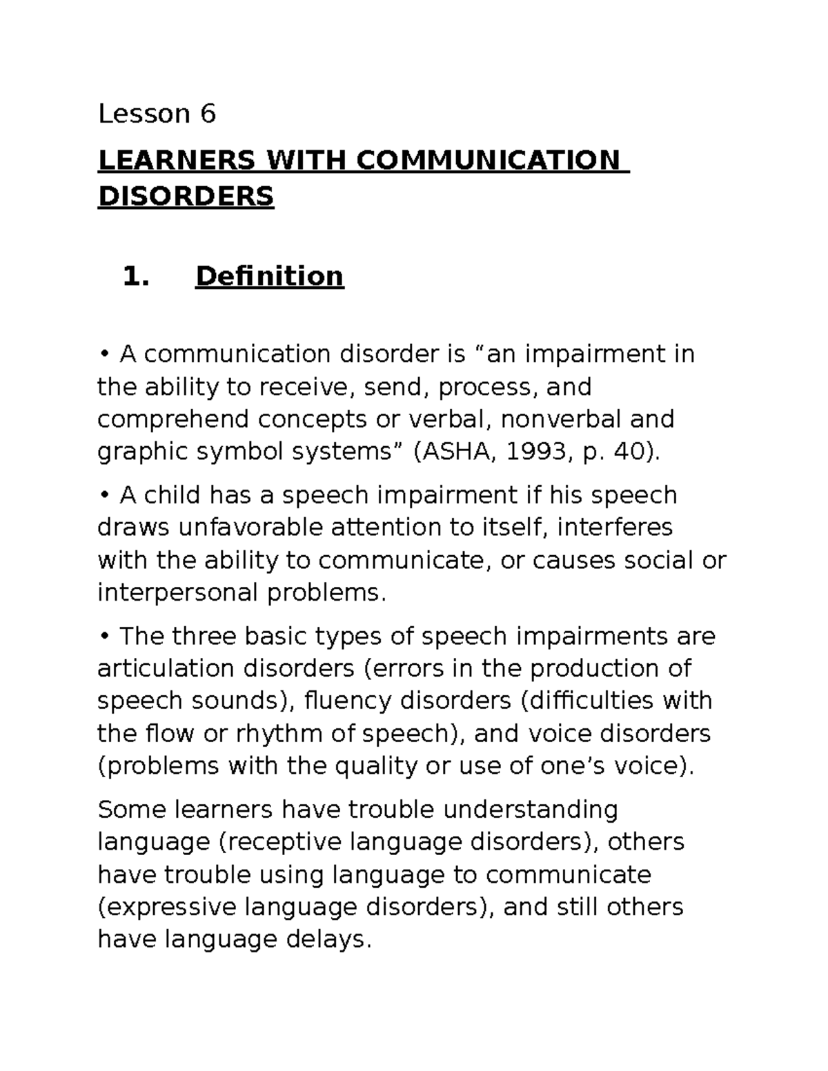 Document-12 - notes - Lesson 6 LEARNERS WITH COMMUNICATION DISORDERS 1 ...