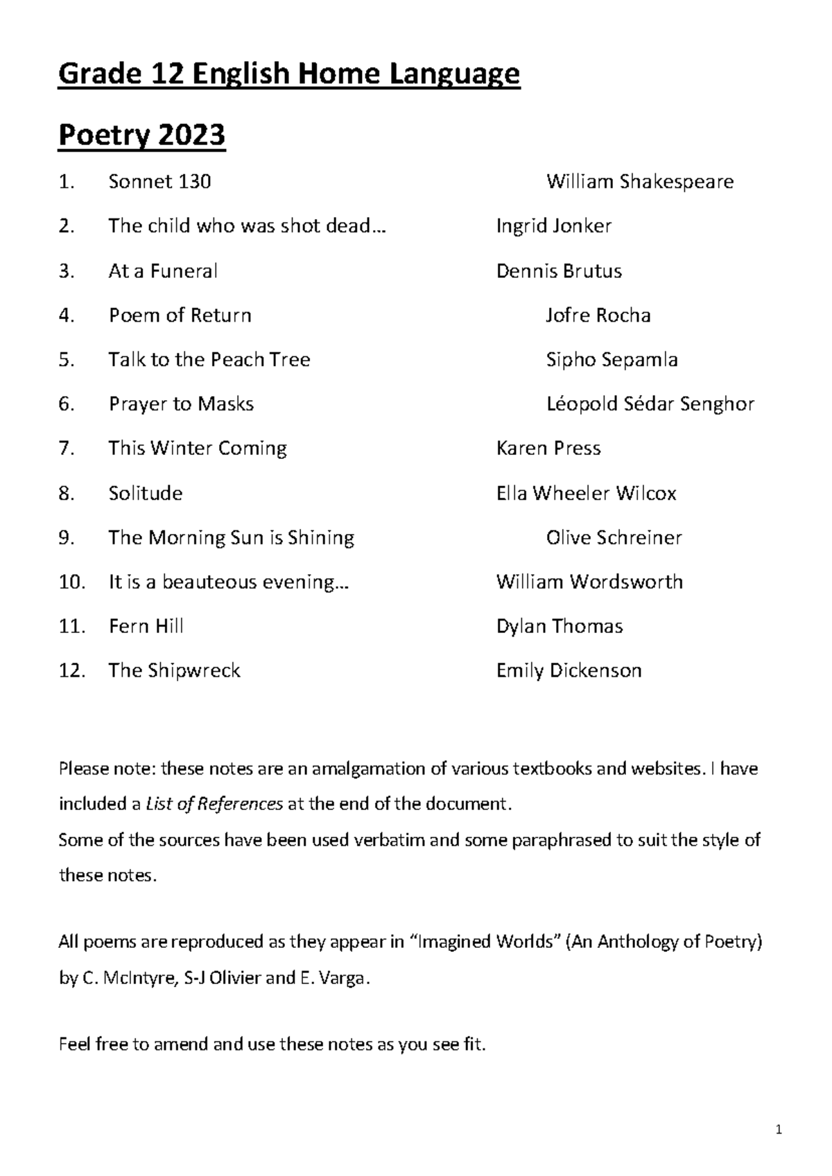 Grade 12 English HL Poetry Notes 2023: Analysis of Key Poems - Studocu
